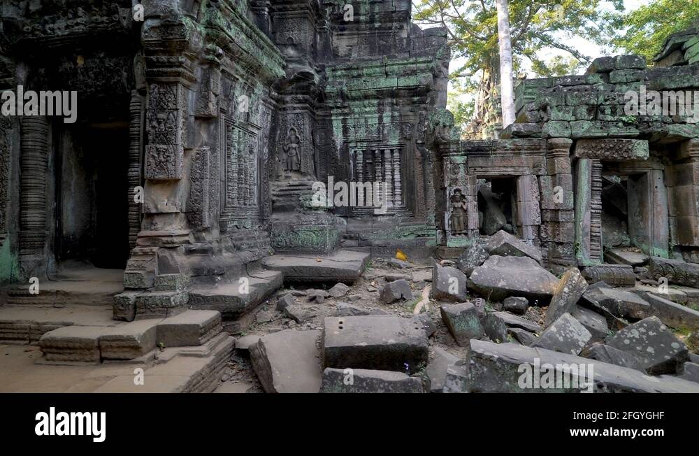 Dolly to right steadicam gimbal motion of the Ta Nei temple complex at ...