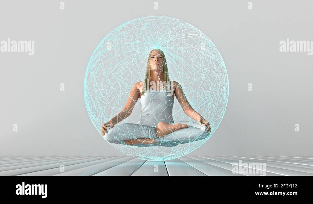 Young woman is levitating during meditation and forms a visible sphere ...