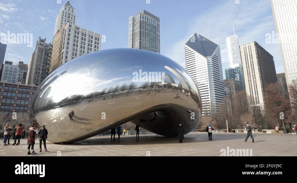 Chicago Bean silver mirror sculpture cloud gate downtown buildings ...