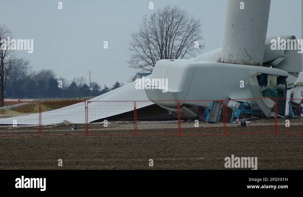 Wind energy farm turbine destroyed and collapsed from structural ...