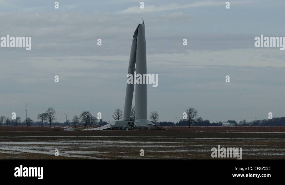 Wind energy farm turbine destroyed and collapsed from structural ...