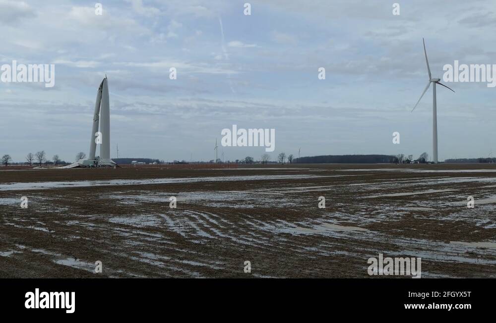 Wind energy farm turbine destroyed and collapsed from structural ...