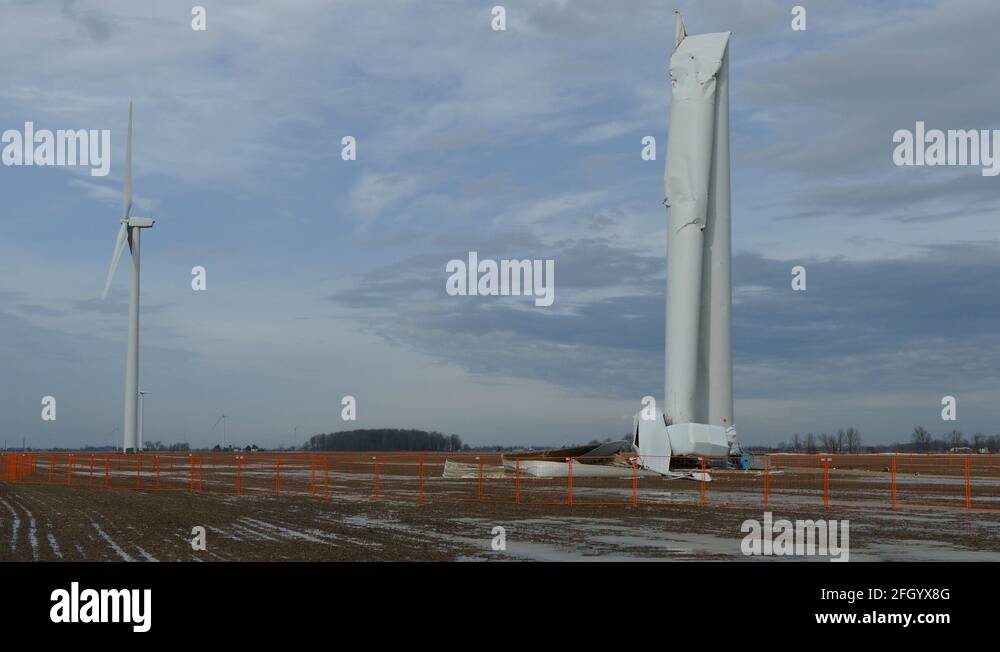 Wind energy farm turbine destroyed and collapsed from structural ...