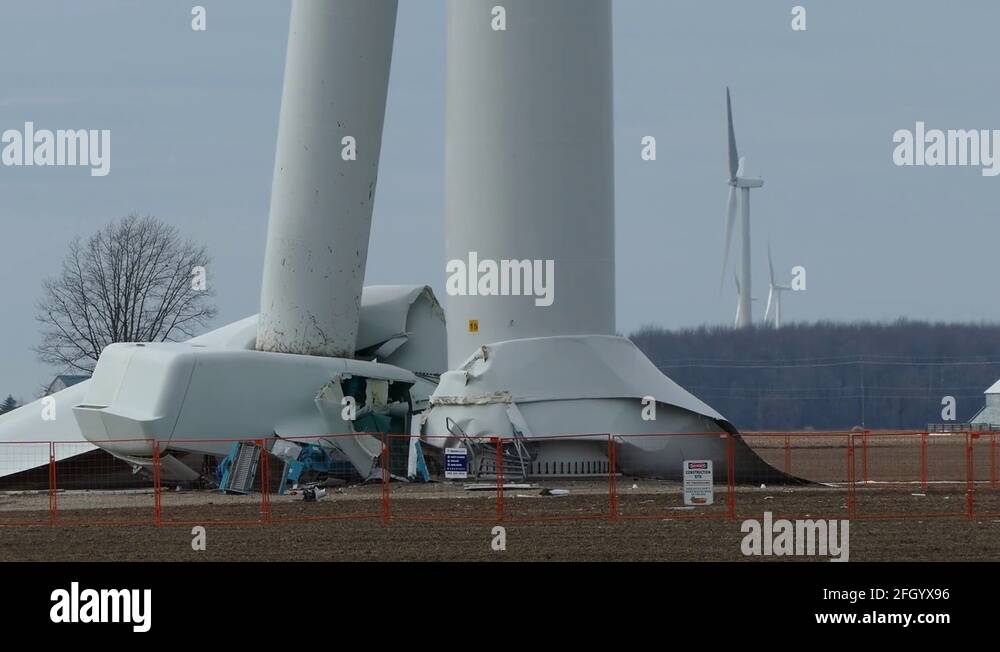 Wind energy farm turbine destroyed and collapsed from structural ...