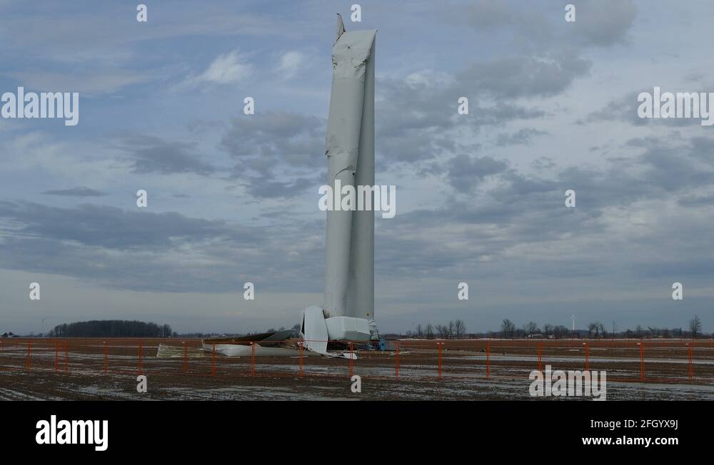 Wind energy farm turbine destroyed and collapsed from structural ...