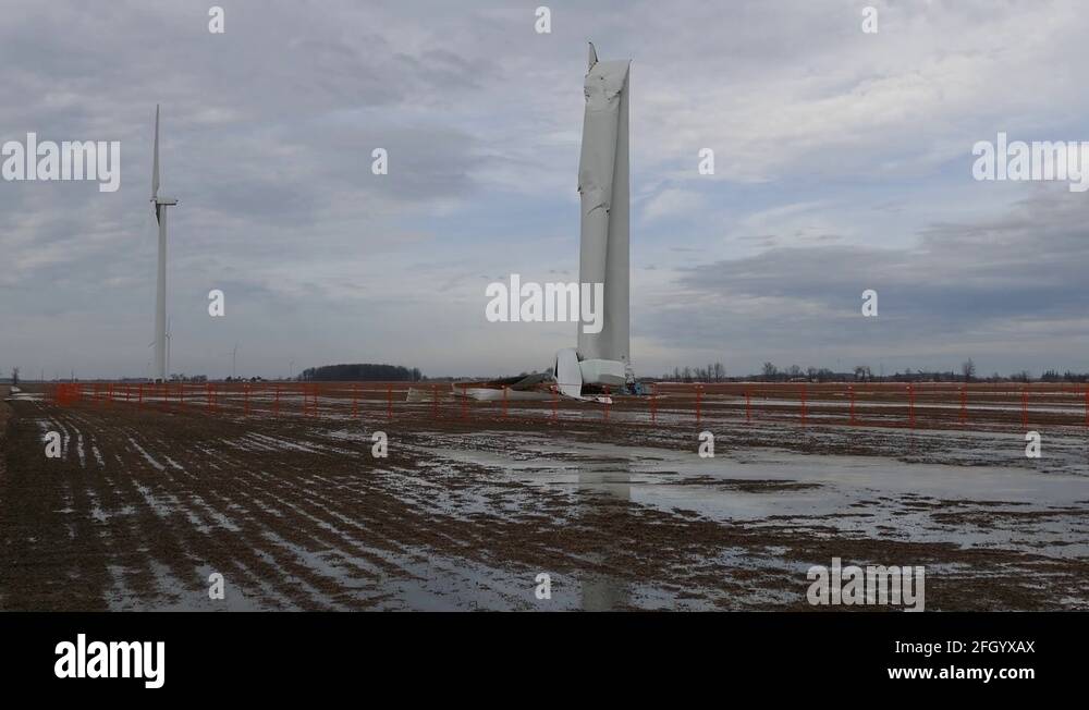 Wind energy farm turbine destroyed and collapsed from structural ...