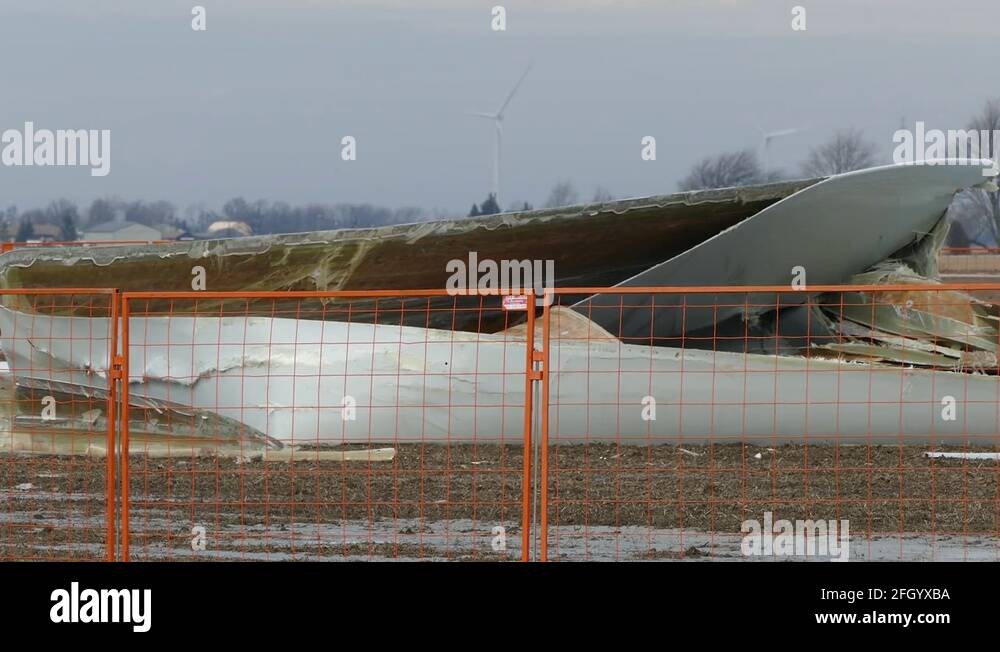 Wind energy farm turbine destroyed and collapsed from structural ...