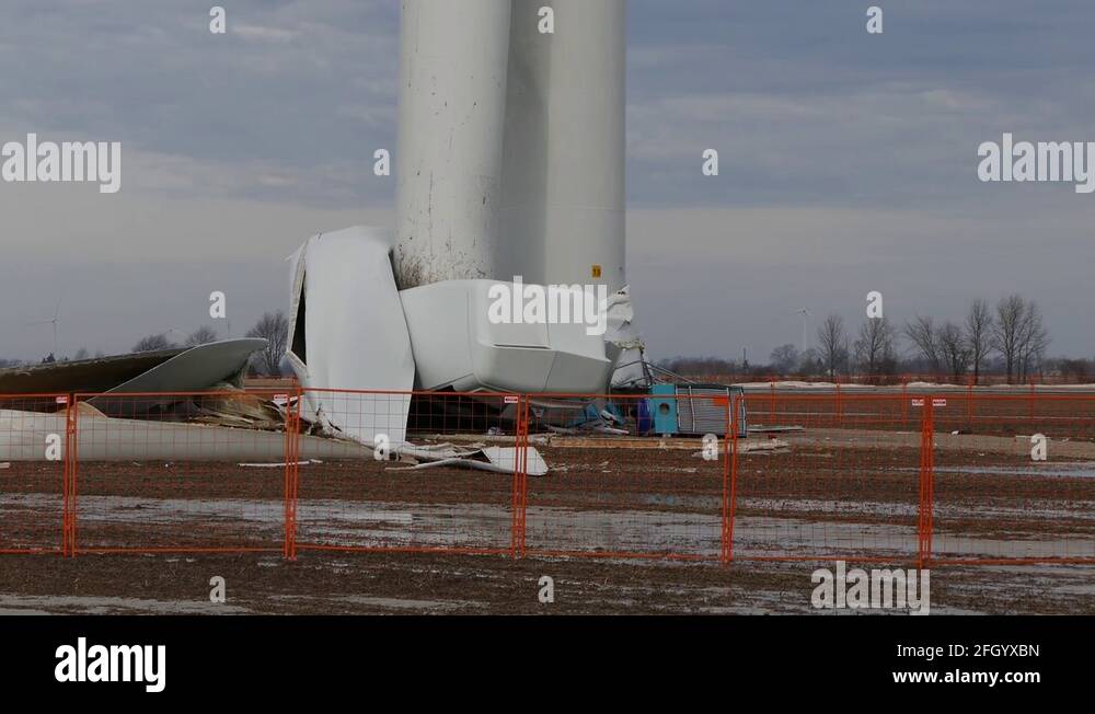 Wind energy farm turbine destroyed and collapsed from structural ...