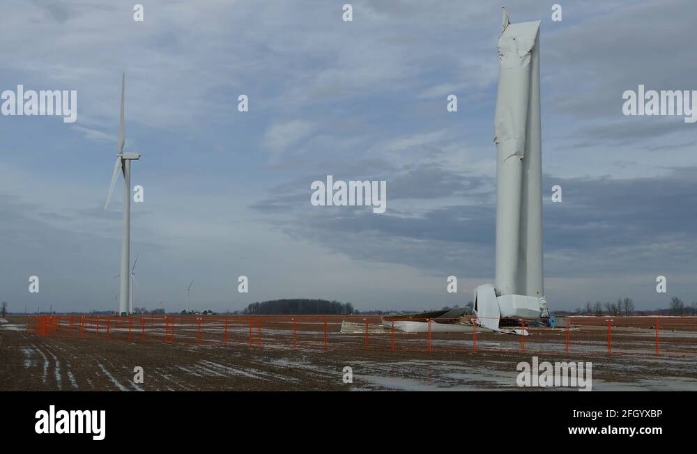 Wind energy farm turbine destroyed and collapsed from structural ...