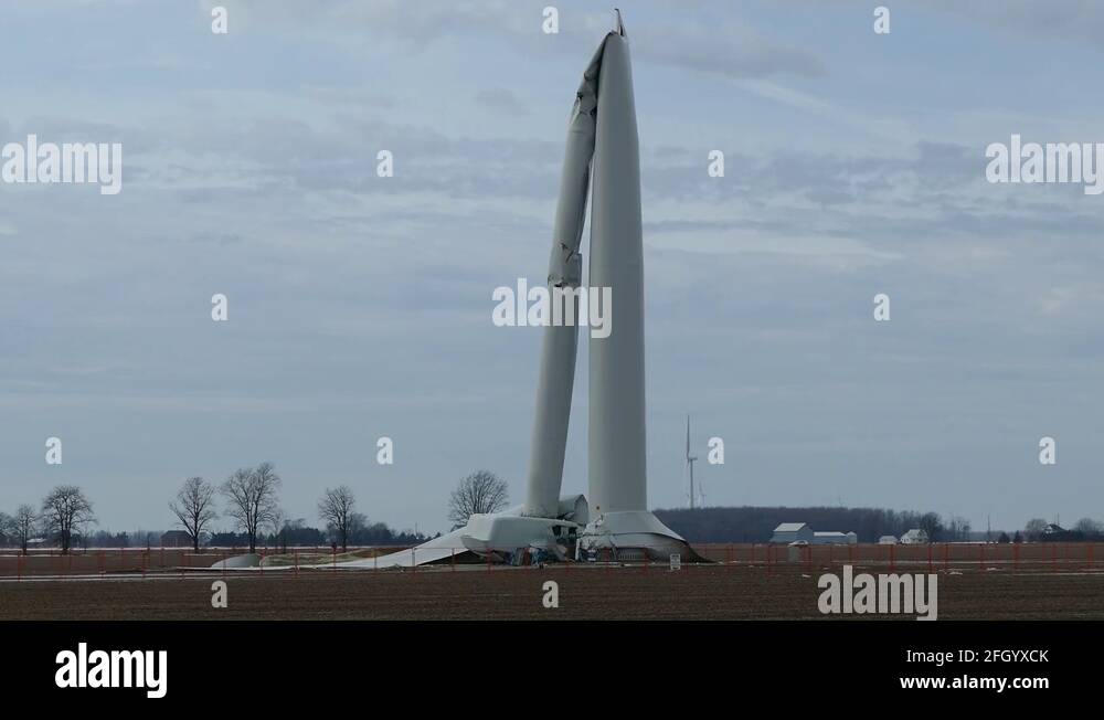 Wind energy farm turbine destroyed and collapsed from structural ...