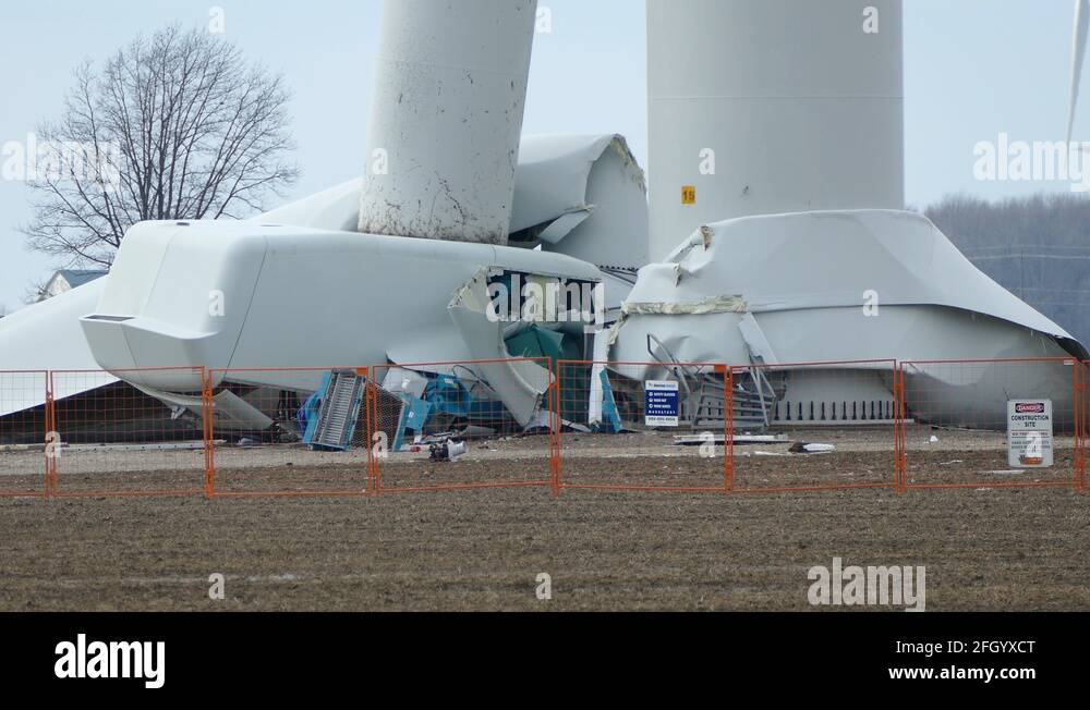 Wind energy farm turbine destroyed and collapsed from structural ...