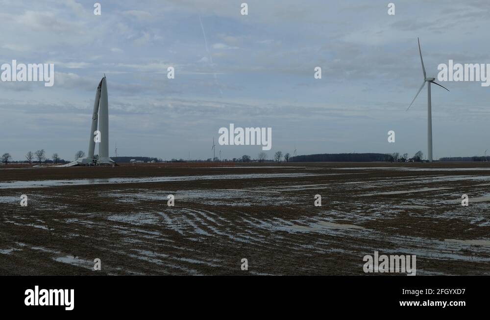 Wind energy farm turbine destroyed and collapsed from structural ...