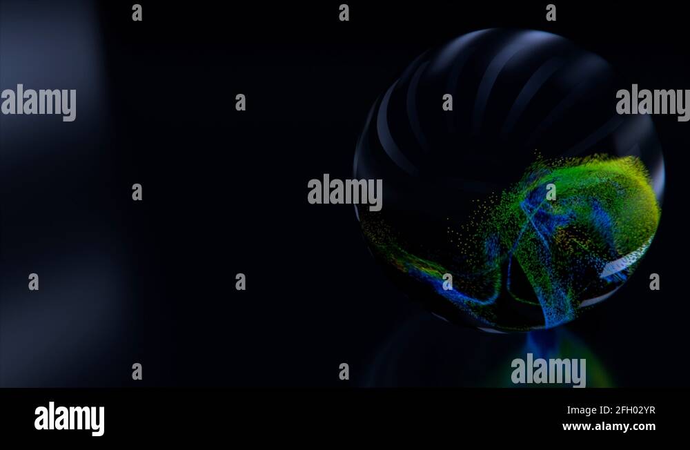 Color changing / flashing particles swirl around inside a glass sphere ...
