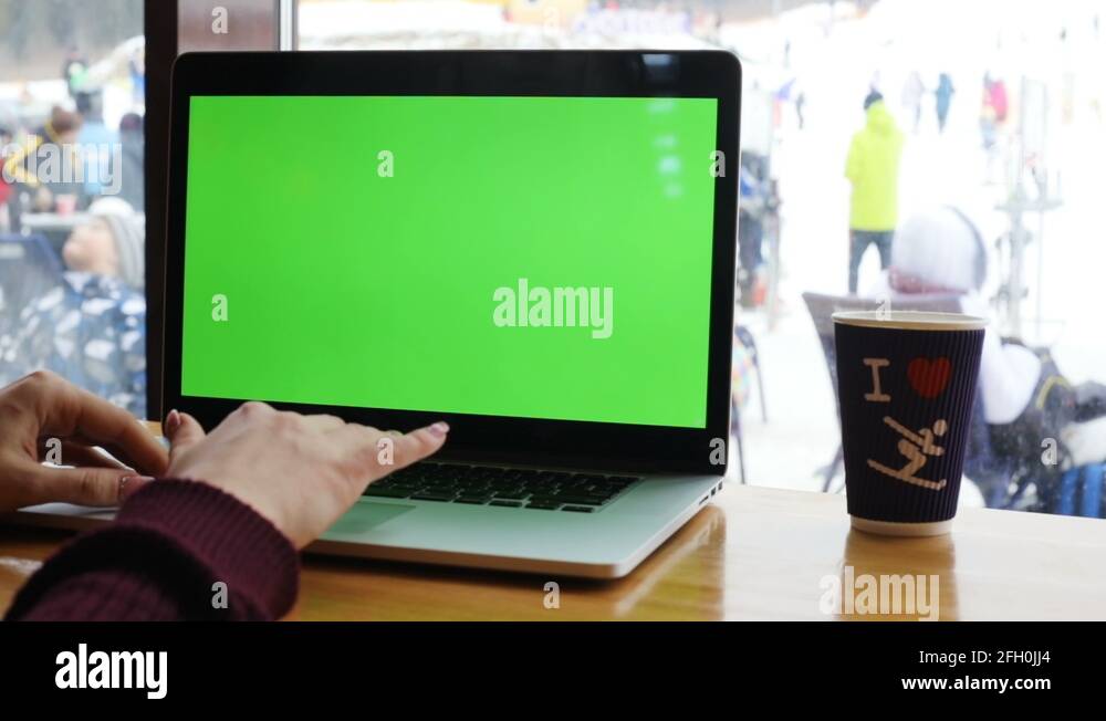 close up woman typing computer laptop key-green screen chroma key green ...