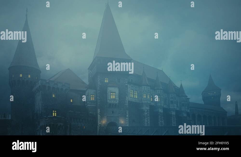 Transylvanian Castle at night with fog and lightnings Stock Video ...