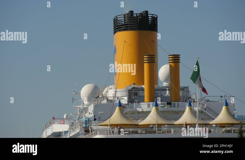Italian flag and the ship's funnel Stock Video Footage - Alamy