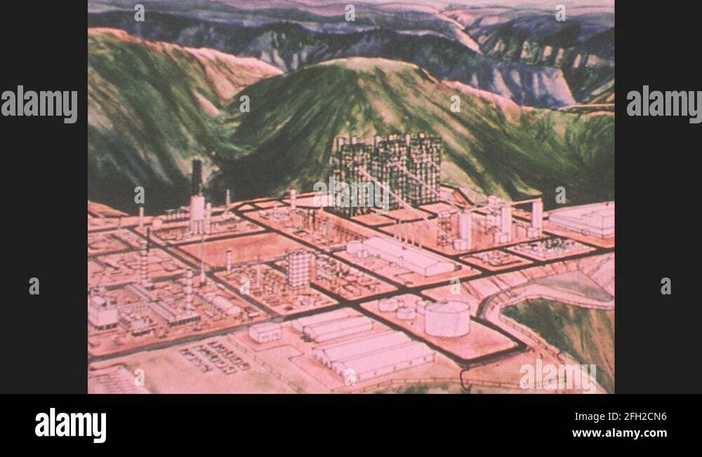 1980s: Illustration of oil shale processing plant. A diagram shows the ...