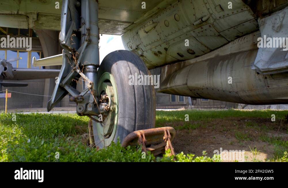 Soviet fighter jet Mikoyan Gurevich MiG 21R, landing gear wheel, close ...