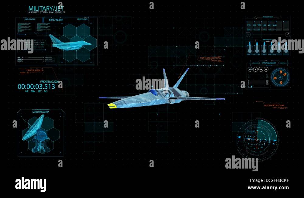 Fighter Jet, futuristic military airplane rotating on black background ...