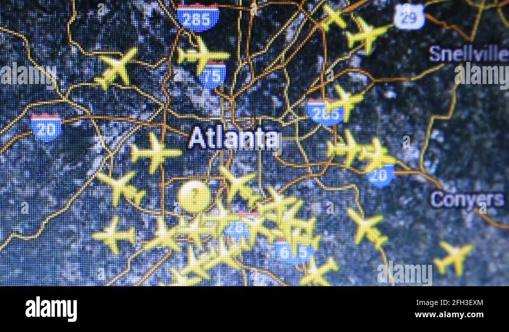 Map of airplanes in the vicinity of Atlanta city on computer screen ...