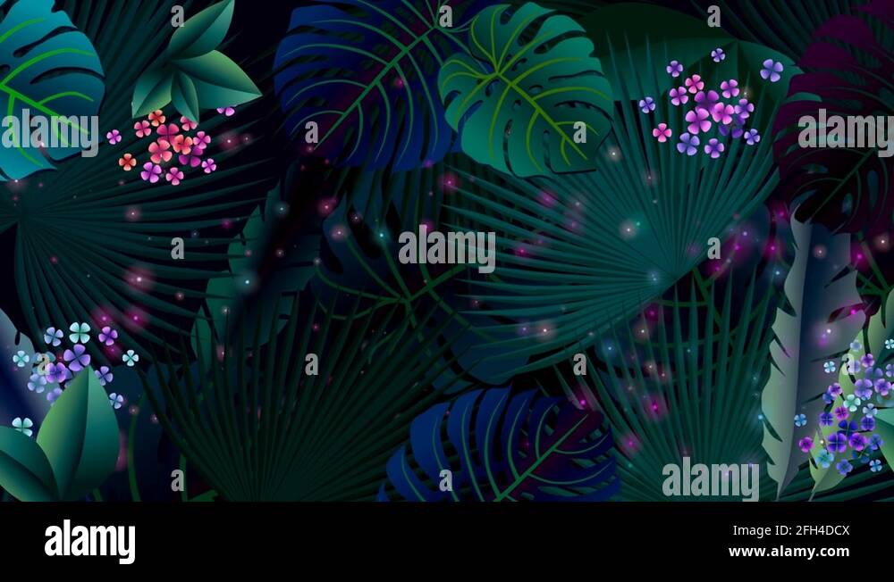 The camera moves through the fabulous night jungle. Panorama. Animation ...