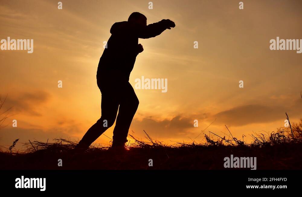 man boxer boxing on nature silhouette sunset sunlight. kickboxer the ...