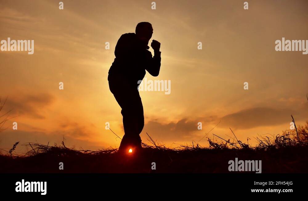 man boxer boxing on nature silhouette sunset sunlight. kickboxer the ...