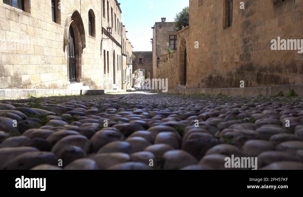 Pebble pavement of the Knights street in the old Rhodes town Stock ...