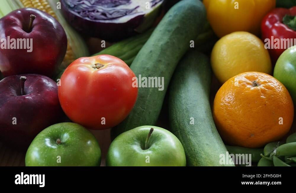 Close up of fruits and vegetables. Tracking shot with tilt up. Full HD ...