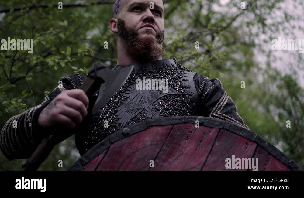 Cinematic Viking Warrior Ready For Battle, With Axe And Shield, Strong ...
