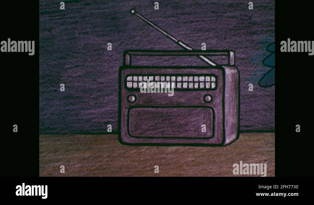 1970s: Drawing of radio, animation of hand turns radio on, sound waves ...