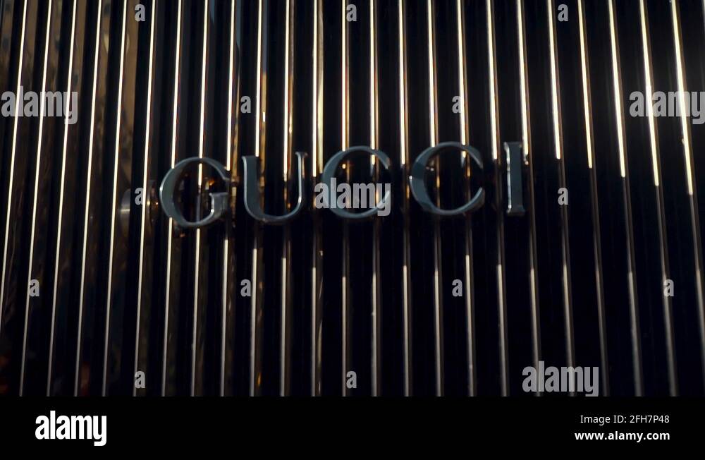 Gucci logo on grill storefront logo Stock Video Footage - Alamy