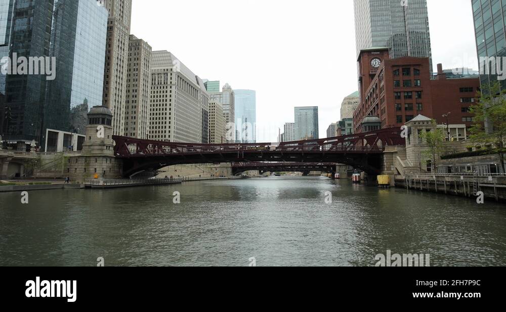 Chicago downtown river boat ride dolly skyline buildings water bridges ...