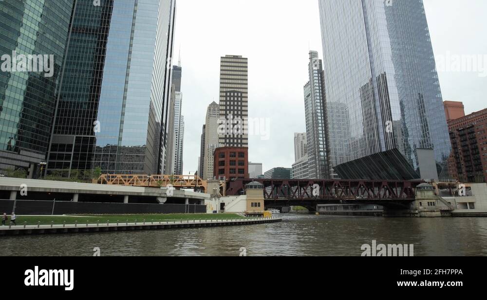 Chicago downtown river boat ride dolly skyline buildings water bridges ...