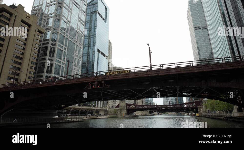 Chicago downtown river boat ride dolly skyline buildings water bridges ...