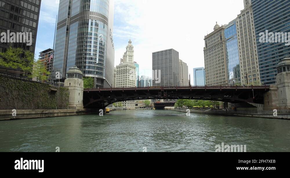 Chicago downtown river boat ride dolly skyline buildings water bridges ...