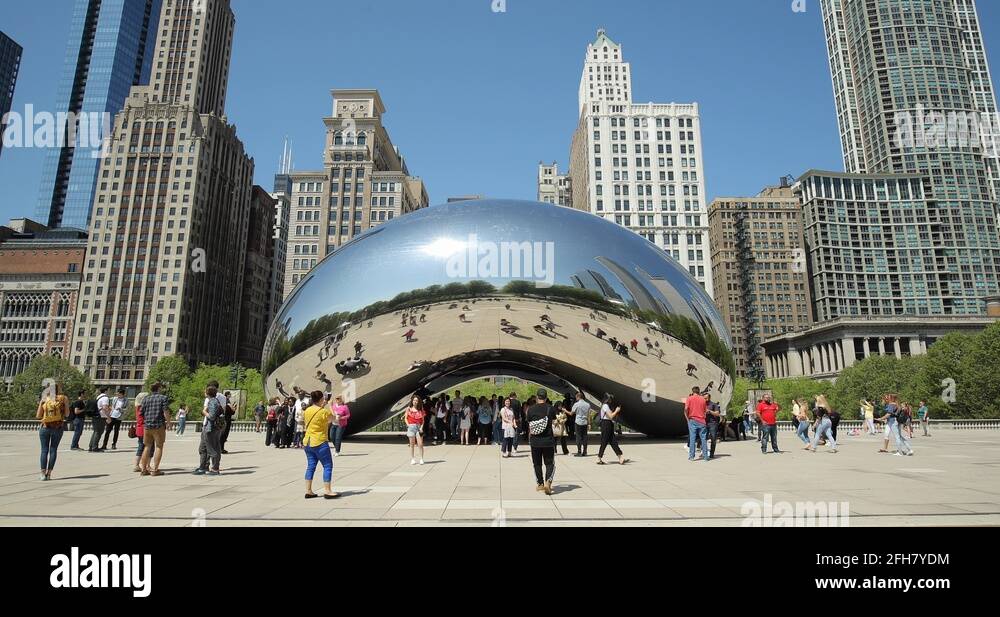 Chicago Bean silver mirror sculpture cloud gate downtown buildings ...