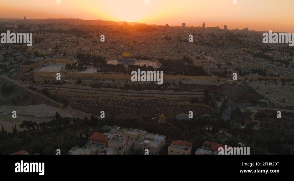 sunset over holy city Jerusalem with the Dome of the Rock /Al aqsa ...