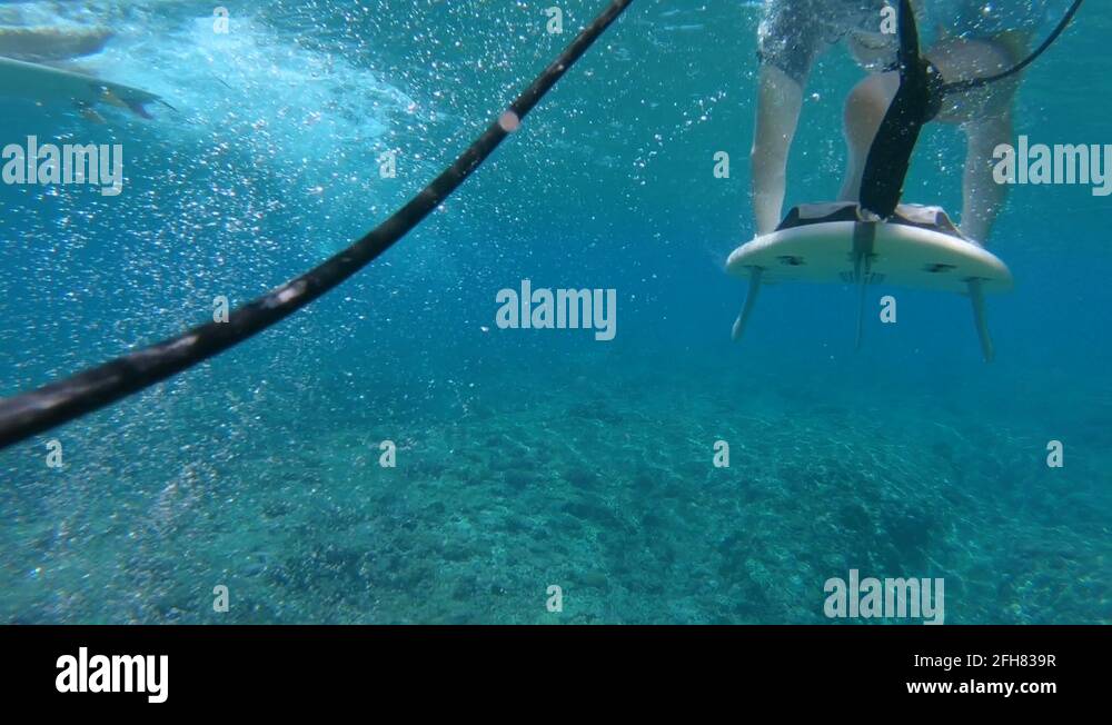UNDERWATER: Unrecognizable surfer paddles and does a duck dive out of ...