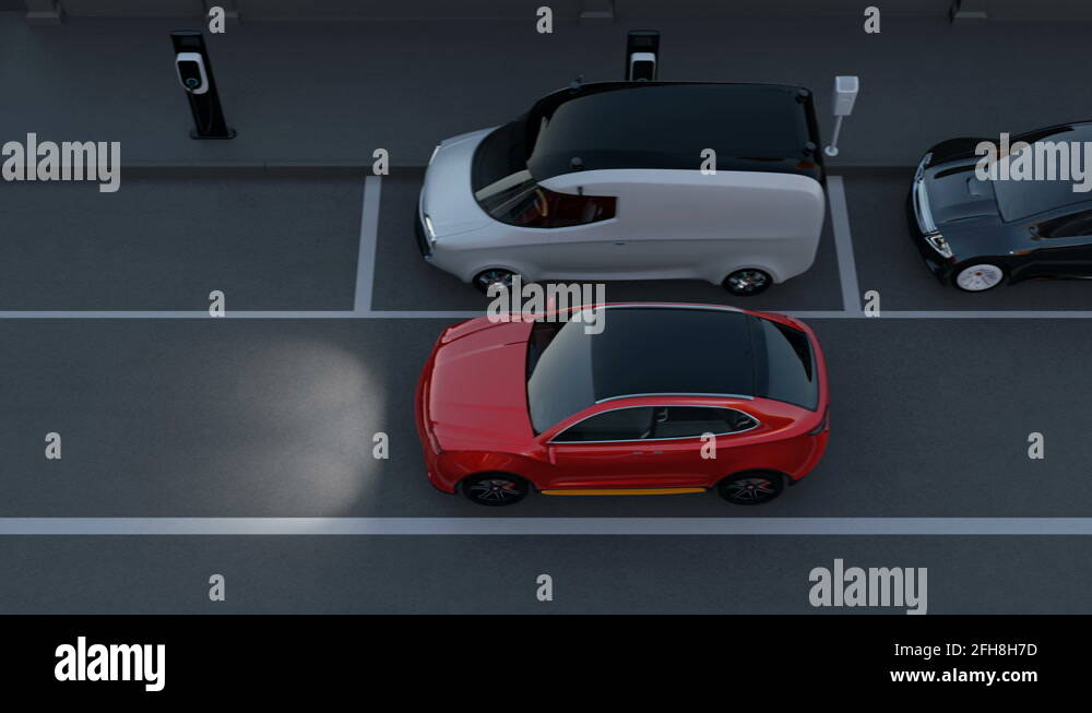 Autonomous SUV is parallel parking into parking lot at roadside Stock ...