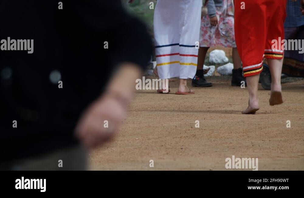 Close up shot, feet stomping, Native American Indian's dance, ceremony ...