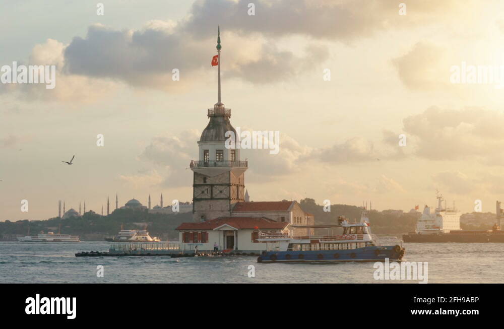 maidens tower in istanbul, turkey, kiz kulesi tower, sunset in istanbul ...