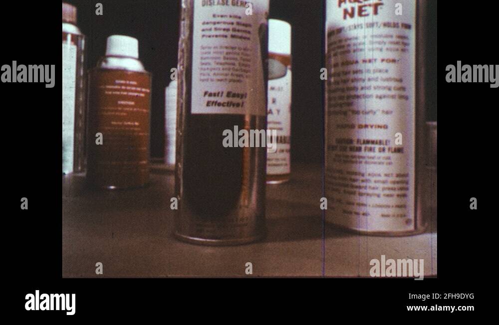 1960s: Cans with Caution and Flammable warning labels. Boy showers ...