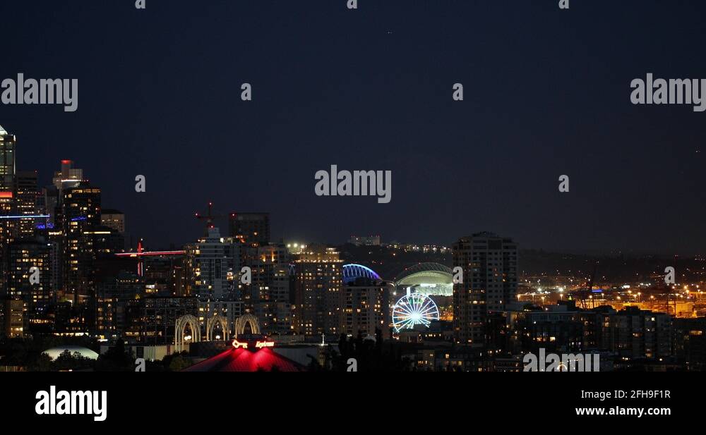 Seattle downtown buildings skyline at night Space Needle Stock Video ...