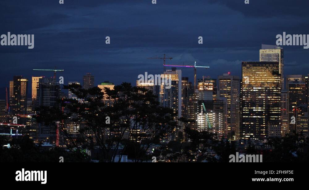 Seattle downtown buildings skyline at night Space Needle Stock Video ...