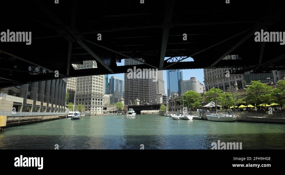 Chicago downtown river boat ride dolly skyline buildings water bridges ...