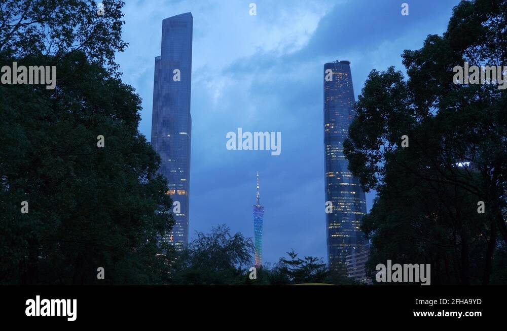 storm sky guangzhou city downtown famous skyscrapers tower panorama 4k ...