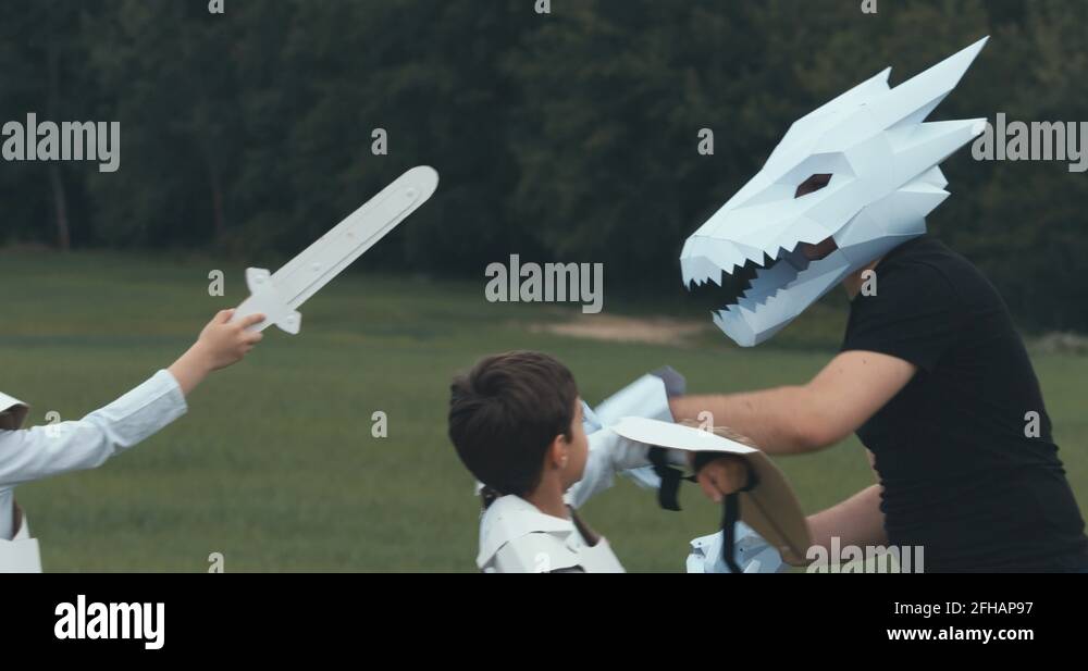 Brothers boys wearing cardboard medieval knight armor costumes Stock ...