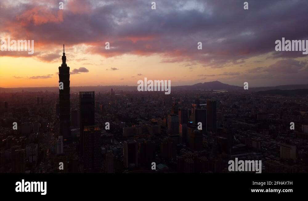 sunset sky taipei cityscape famous tower aerial panorama 4k taiwan ...