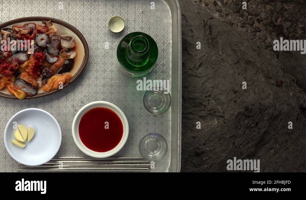 Fresh Seafood Served with Soju in South Korea. Top View Stock Video ...
